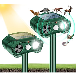 Upgraded Solar Deer Repellent Devices for Garden,2 Pack Ultrasonic Animal Repeller Outdoor with Motion Sensor to Scare Away Raccoon Cat Rabbit Squirrel Dog Skunk,Animal Deterrent for Yard Protection