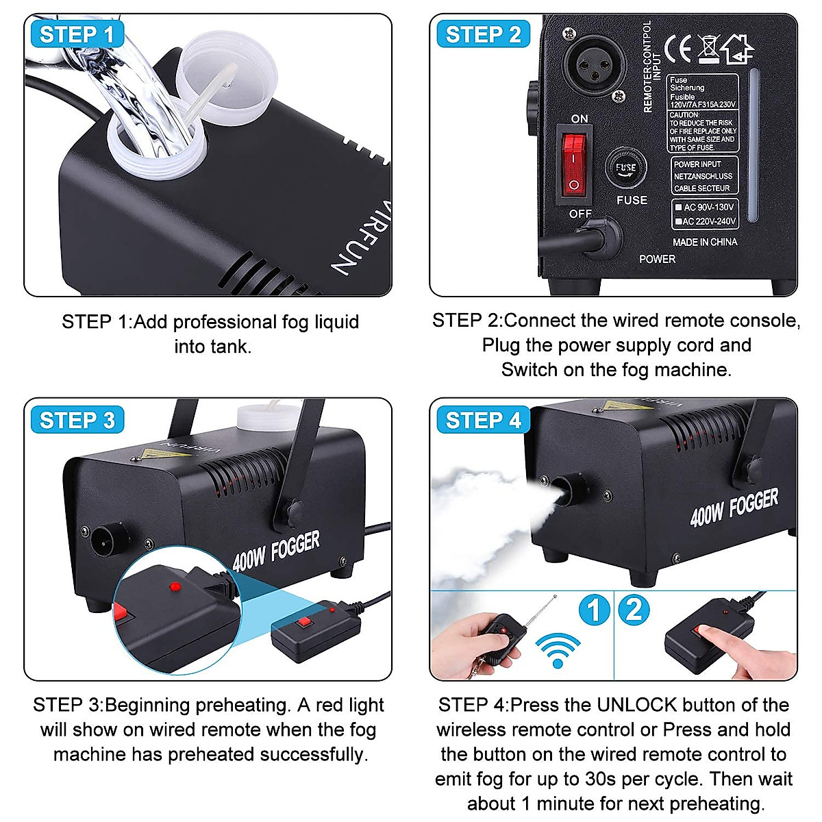 VIRFUN Fog Machine, Smoke Machine with Wireless&Wired Remote Control for Parties Halloween Wedding and Stage Effect, 400W