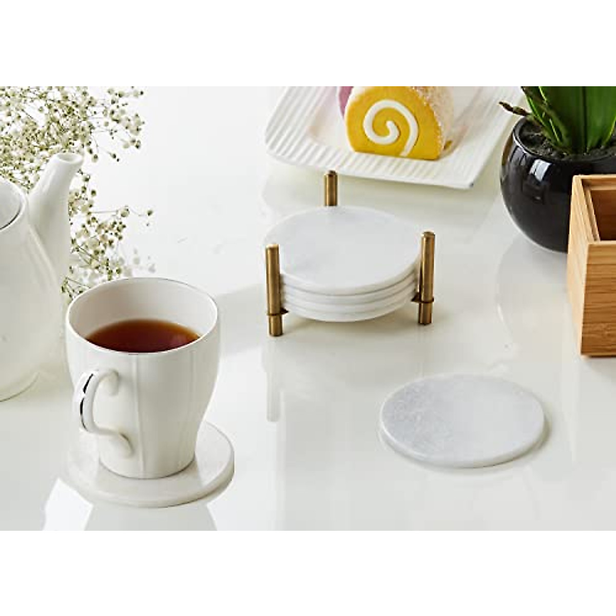 Queenza Marble Coasters for Drinks, Set of 6 Coasters with Holder, Pearl White Marble Coasters 3.5 Inch Wide 5 mm Thick Gold Coasters For Drinks, Both Side Polish For Scratch Free Surface Coaster Set