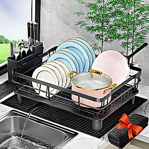 BOBELA Dish Drying Rack,Dish Racks for Kitchen Counter,Dish Drainers with Removable Utensil Holder,Dish Drying Rack with Drainboard and Extra Dish Drying Mat
