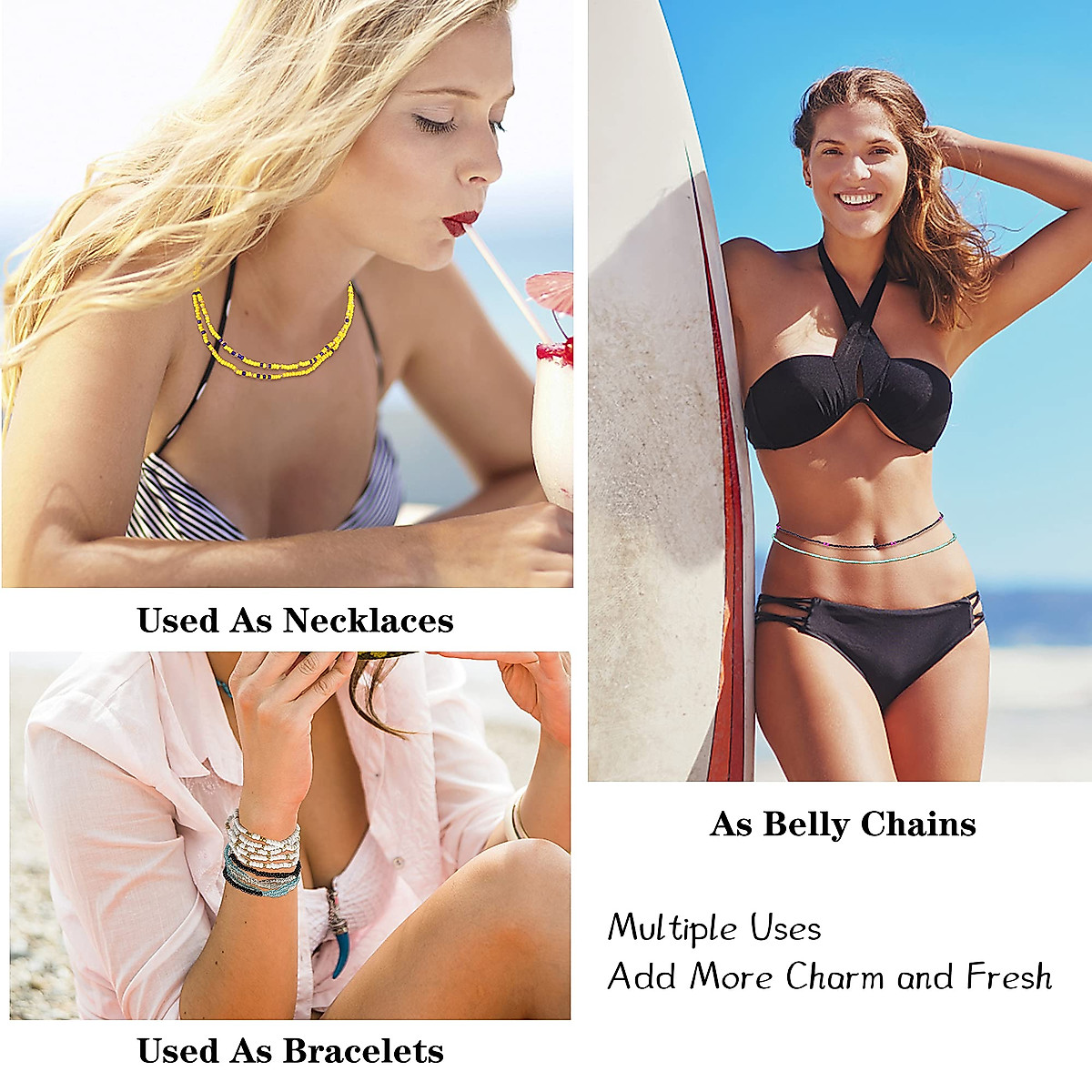 ORAZIO 32Pcs Waist Beads For Women Colorful Body Chains Set Elastic African Belly Beads Waist Beads Weight Loss Beaded Summer Bikini Jewelry