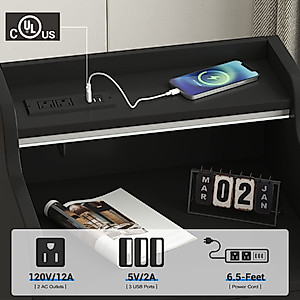 Gdvsclr Nightstand with Charging Station, Nightstand with LED Lights, 3 Drawers Bedside Table for Bedroom/Dormitory, Led Nightstand with Open Storage Shelf, 3 USB Ports & 2 Outlets, Black