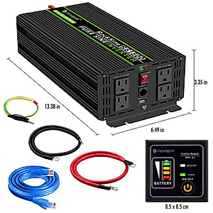 Novopal Power Inverter Pure Sine Wave-1500 Watt 12V DC to 110V/120V AC Converter- 4 AC Outlets Car Inverter with One USB Port-16.4Ft Remote Control and Two Cooling Fans-Peak Power 3000 Watt Black