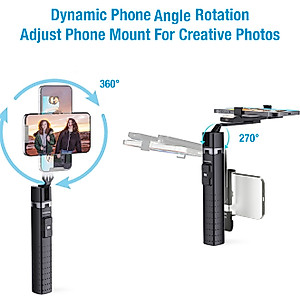 Fugetek 40'' Quadrapod Lighted Selfie Stick Stand, Lightweight 7oz, Wireless Bluetooth Remote, Patented Ultra Stable 4 Legs, 3 Onboard Light Modes, Compatible with iPhone & Android (Black)