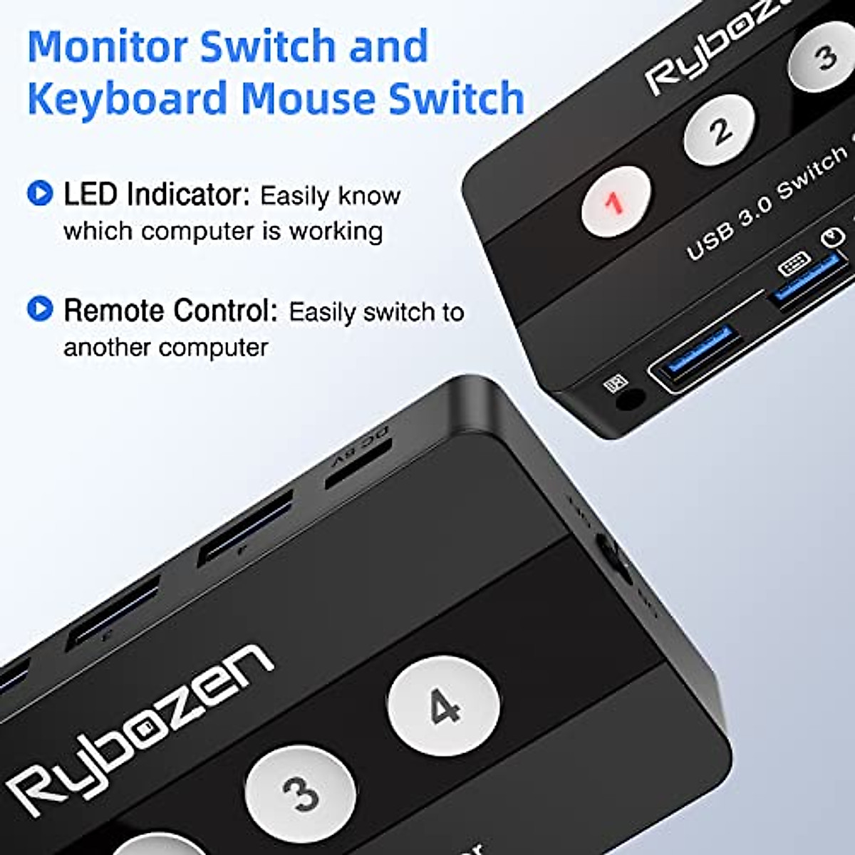 Rybozen USB 3.0 Switch 4 Ports for 4 PC 4 Inputs 4 Outputs USB Switch for Printer Keyboard Mouse Stick USB Hard Drive External Scanner, with Remote Control…