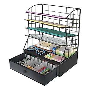 5-Trays File Organizer with Drawer,Mesh Desk Organizers,Letter Tray Paper Organizer,Height Adjustable File Holder for Office School Home（Black）