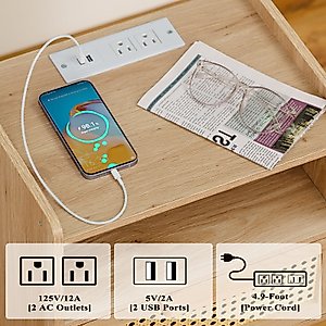 Lerliuo Rattan Nightstand with Charging Station, Boho Side Table with Drawer Open Shelf, Cane Accent Bedside End Table with Solid Wood Legs for Bedroom, Dorm and Small Spaces