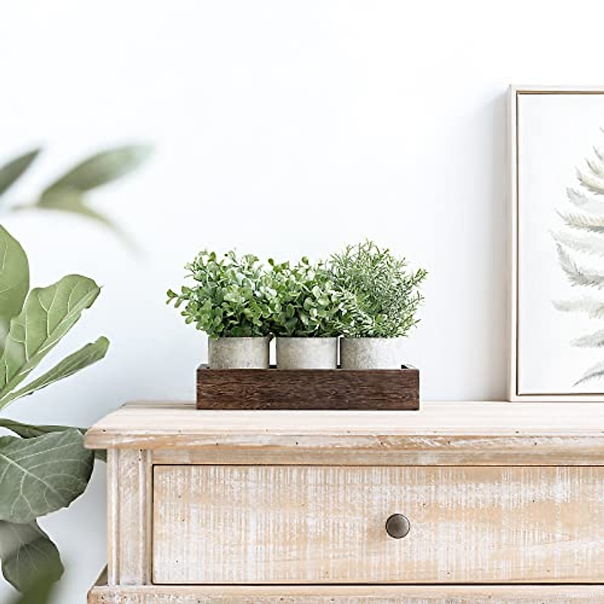 Dahey 3 Pack Mini Potted Artificial Eucalyptus Fake Plants with Wood Tray Centerpiece Table Decor, Farmhouse Pulp Flower Pots Greenery Home Decoration for Coffee Table Dining Room Office Kitchen