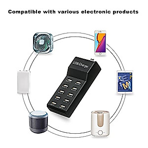 Wyssay USB Charger,5V 10A(50W) USB Charging Station with 10-Port Family-Sized Smart USB Ports for Multiple Devices Smart Phone Tablet Laptop Computer Black