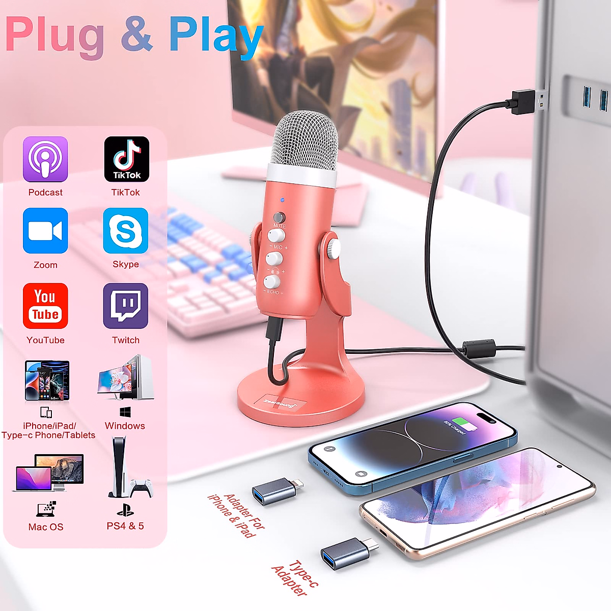 ZealSound USB Condenser Microphone k66p Pink and Wireless Lavalier Microphone v7 pro