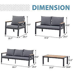 JOIVI Aluminum Patio Furniture Set 5 Pieces Outdoor Conversation Set with Teak Coffee Table & Cushions, Outdoor Patio Furniture Sectional Patio Sofa Outside Furniture for Deck, Backyard, Gray