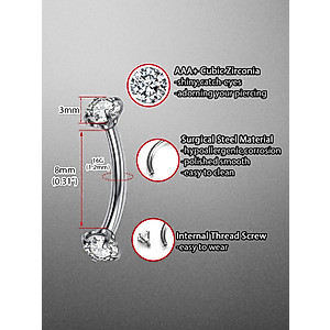 PiercingJ 2-5PCS 16G 3/8" (10MM) Stainless Steel Cubic Zirconia Gem(3MM) Internally Thread Curved Barbell Eyebrow Piercing Jewelry