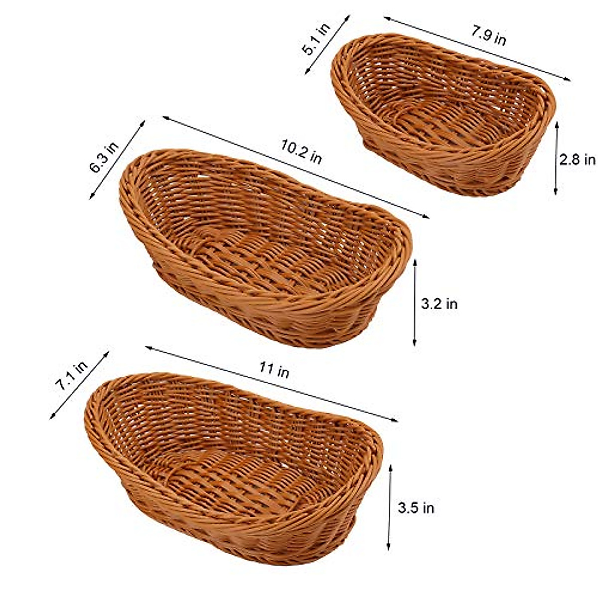 Yarlung 3 Pack Poly-Wicker Woven Breads Baskets, Stackable Oval Fruit Baskets Food Serving Holders for Vegetables, Home, Kitchen, Restaurant, Outdoor, Imitation Rattan Brown, 3 Sizes