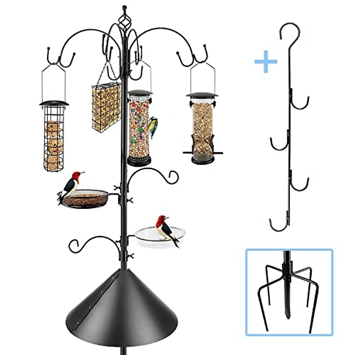 Bird Feeding Station Kit Bird Feeder Pole Wild Bird Feeder Hanging Kit with Suet Cage Bird Bath Mesh Tray Fruit Hook Double W Hook for Attracting Wild Birds and Planter Hanger Lights