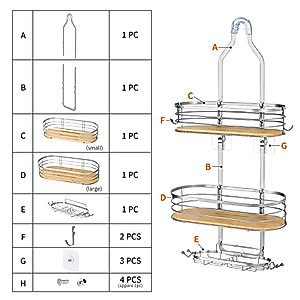 Hanging Shower Caddy, Stainless Steel Bathroom Hanging Shower Organizer Rack Basket, Rustproof Bamboo Basket with Hooks for Towels, Soap, Shampoo, shower accessories, Silver