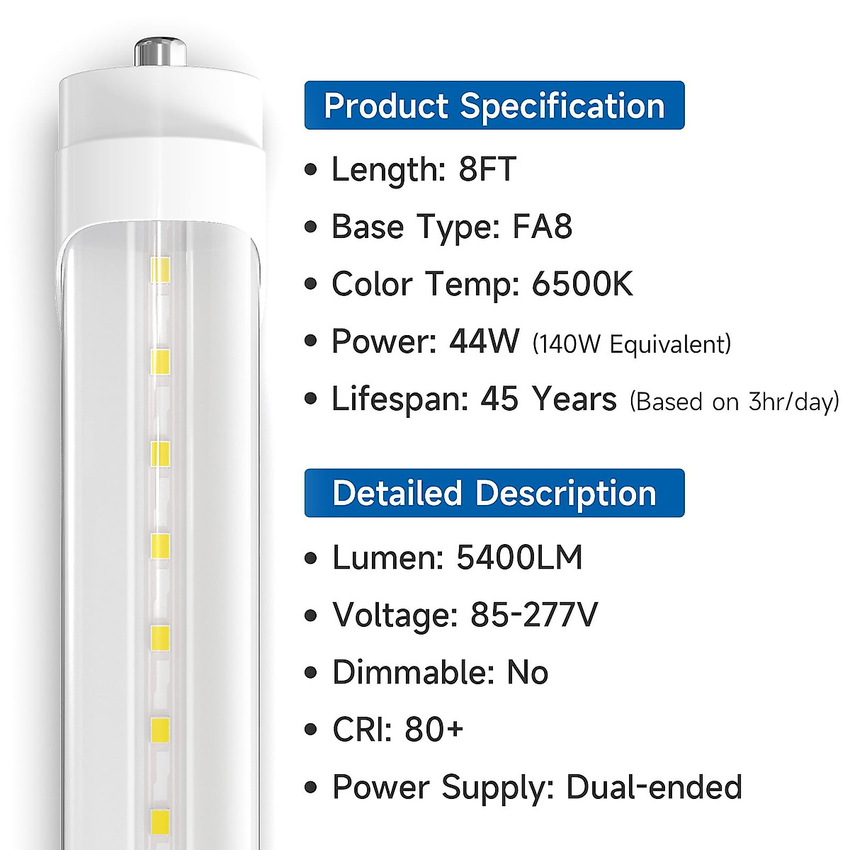 SHINESTAR 20-Pack 8FT LED Bulbs, Ballast Bypass, 44W 6500K Daylight, F96T12 LED Replacement for T8 T10 T12 Fluorescent Tubes, FA8 Single Pin, Dual-end, Clear Cover
