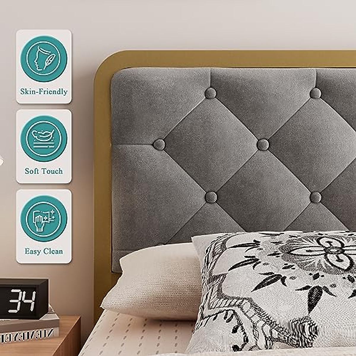 iPormis Twin Size Metal Bed Frame with Velvet Button Tufted Headboard, Curved Platform Bed Frame, Thicker Metal Steel Slats Support, 12'' Under-Bed Space, Noise-Free, Easy Assembly, Gold & Grey