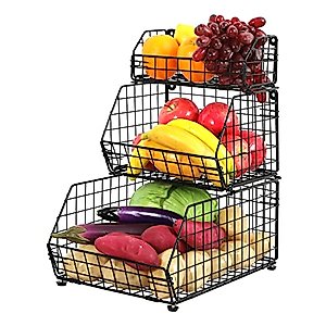 Yuyetuyo Stackable Wire Baskets 3 Tier Wall-Mounted & Countertop Organizer for Fruit Vegetable( Potato, Onion) Produce Snack Food, Metal Storage Bin for Pantry Kitchen Cabinet, Black