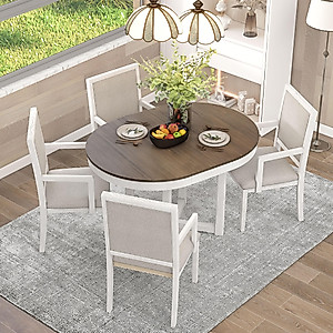 POCIYIHOME 5-Piece Kitchen Furniture Set, Wood Two-Size Round to Oval Extendable Butterfly Leaf, 4 Upholstered Dining Armrests, Table/Chairs for 4 (Brown+White), 42"-57.7" L x 42" W x 30" H