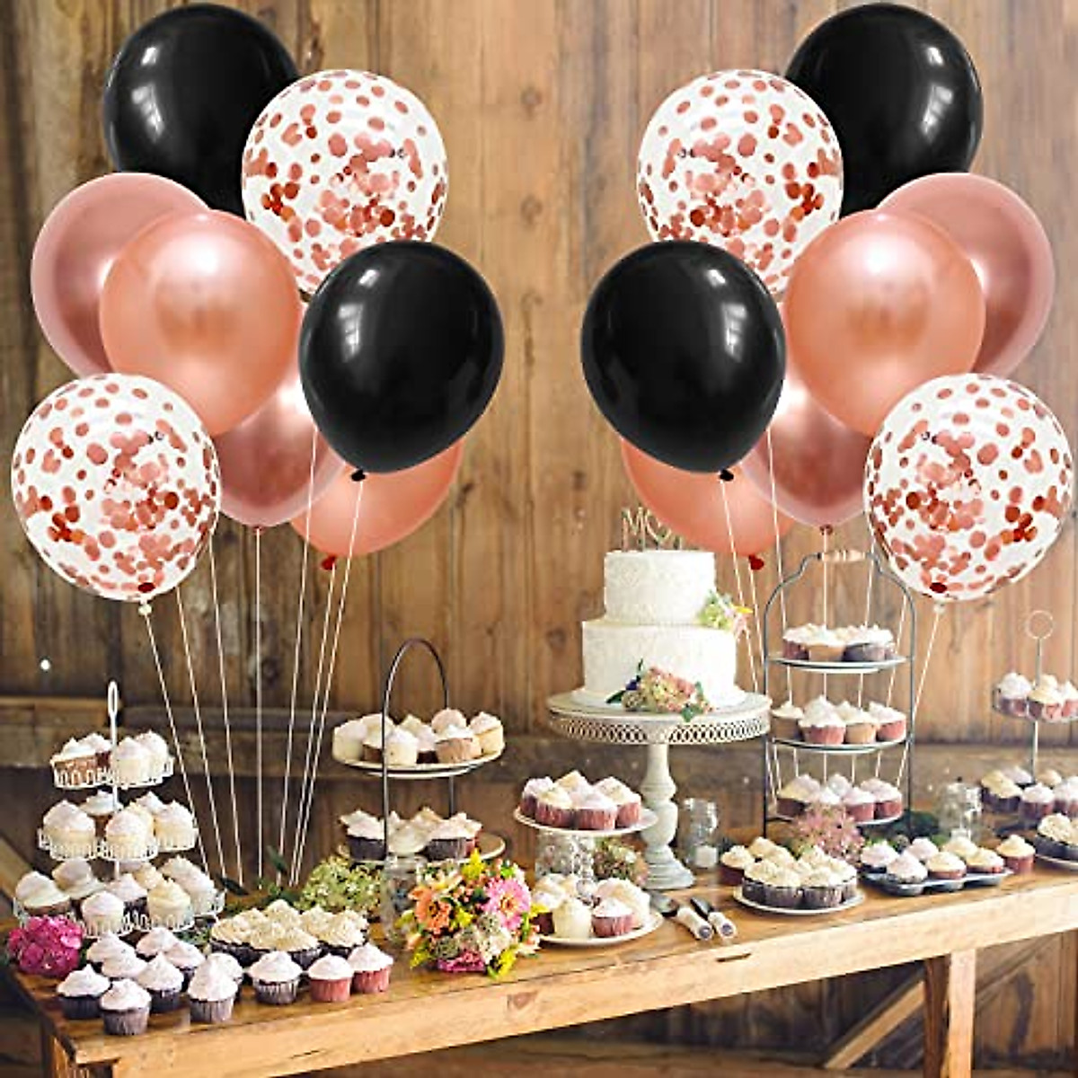 Rose Gold and Black Balloons, 60Pcs 12 Inch Metallic Rose Gold Balloons, Black Balloons and Confetti Balloons, Latex Balloons for Black Party Decorations, Rose Gold Birthday Decorations, Baby Shower