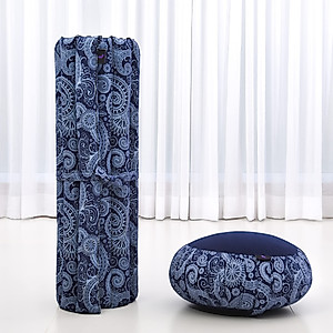 Leewadee Meditation Cushion Set – 1 Round Zafu Meditation Pillow and 1 Square Roll-Up Zabuton Meditation Mat, Pillows Bundle Filled with Eco-Friendly Kapok, Blue White