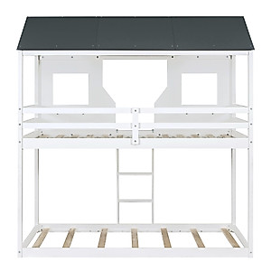 House Bunk Bed Twin Over Twin Kids Bunk Bed Wood Frame with Roof, Window, Safety Guardrails and Ladder, for Girls Boys- White