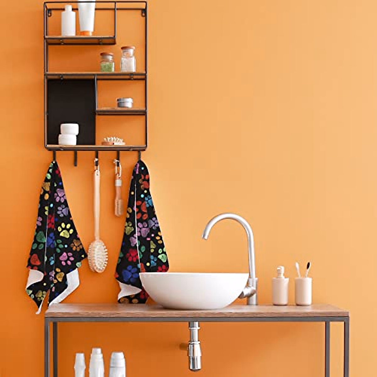 Hand Bath Towels 2 Pack Doodle Colorful Paw Print Absorbent Face Fingertip Towels for Bathroom Kitchen Gym Spa Soft Hair Drying Cloth Quick Dry, 30 x 15 Inch