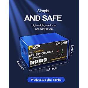 PZ.P 12v Smart Car Battery Charger, 5Amp Fully-Automatic Trickle Charger, Battery Desulfator with Auto Repair, 12 Volt Battery Maintainer, Winter Mode, Suitable for AGM, Deep Cycle, Lawn Mower, RV