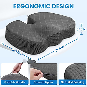 TushGuard Seat Cushion, Office Chair Cushions, Car Seat Cushion, Non-Slip Sciatica & Back Coccyx Tailbone Pain Relief Chair Pad, Memory Foam Butt Pillow for Computer Desk, Wheelchair, Driving (Grey)