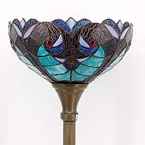 WERFACTORY Tiffany Floor Lamp Green Liaison Stained Glass Light 12X12X66 Inches Pole Torchiere Standing Corner Torch Uplight Decor Bedroom Living Room Home Office S160G Series