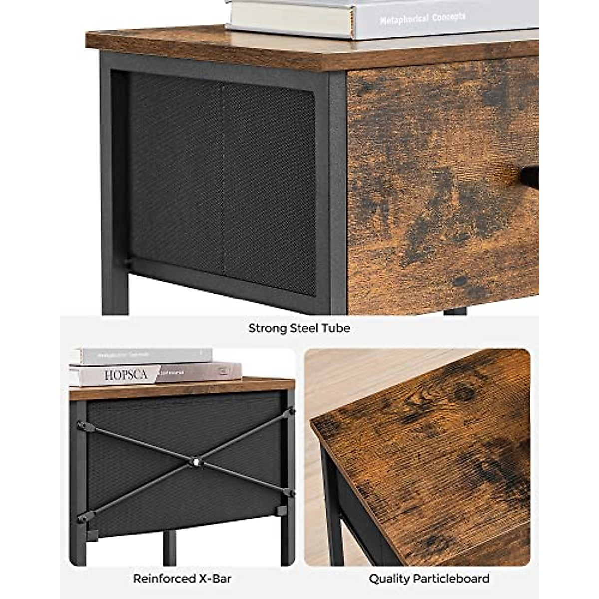 VASAGLE Nightstand with Drawer, End Table, Bed Side Table, Small Table, Tall Night Stand with Fabric Storage and Shelf for Bedroom, Dorm, Easy Assembly, Rustic Brown and Black ULGS021B01