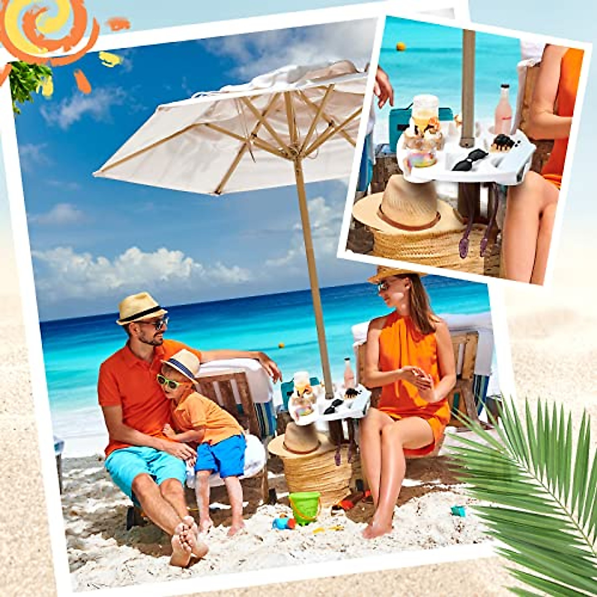 2 Pcs Beach Umbrella Table Tray Outdoor Beach Umbrella Table Swimming Pool Table Beach Umbrella Tray with 4 Cup Holders 4 Snack Compartments for Beach Patio Garden Swimming Pool, White (17 Inch)