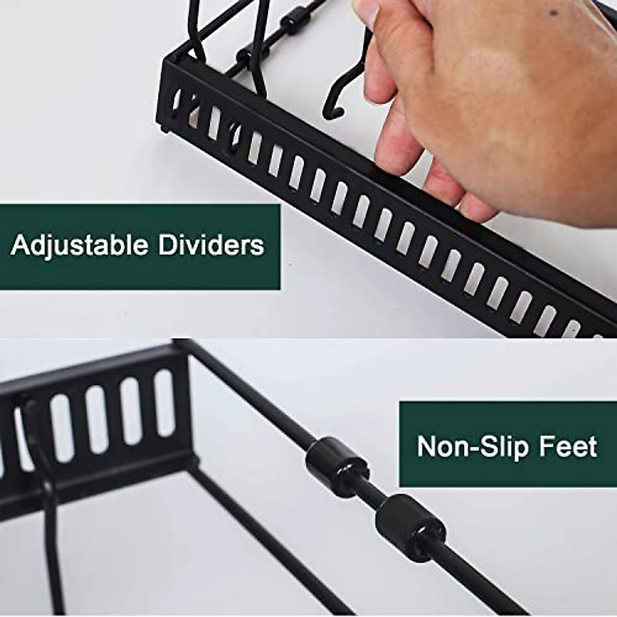 Mlesi Expandable Pot and Pan Organizer Rack, 12+ Pot Lid Organizer Holder, Bakeware Adjustable Rack, Kitchen Cabinet Organizer for Bakeware Cutting Boards, Black