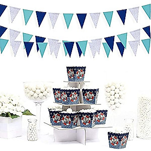 30 Ft Navy Blue Silver Pennant Banner Royal Blue Hanging Paper Triangle Bunting Flag Garland for Birthday Bridal Baby Shower Wedding Ahoy Achor Nautical Pirate Theme Party Decorations Supplies