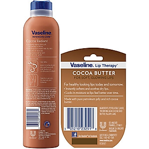 Vaseline Cocoa Radiant Lotion Set + Mini Vaseline Lip Therapy, Cocoa Butter Lotion Spray Moisturizer, Vaseline Intensive Care Lotion, Vaseline Lip Balm (3 Piece Set)