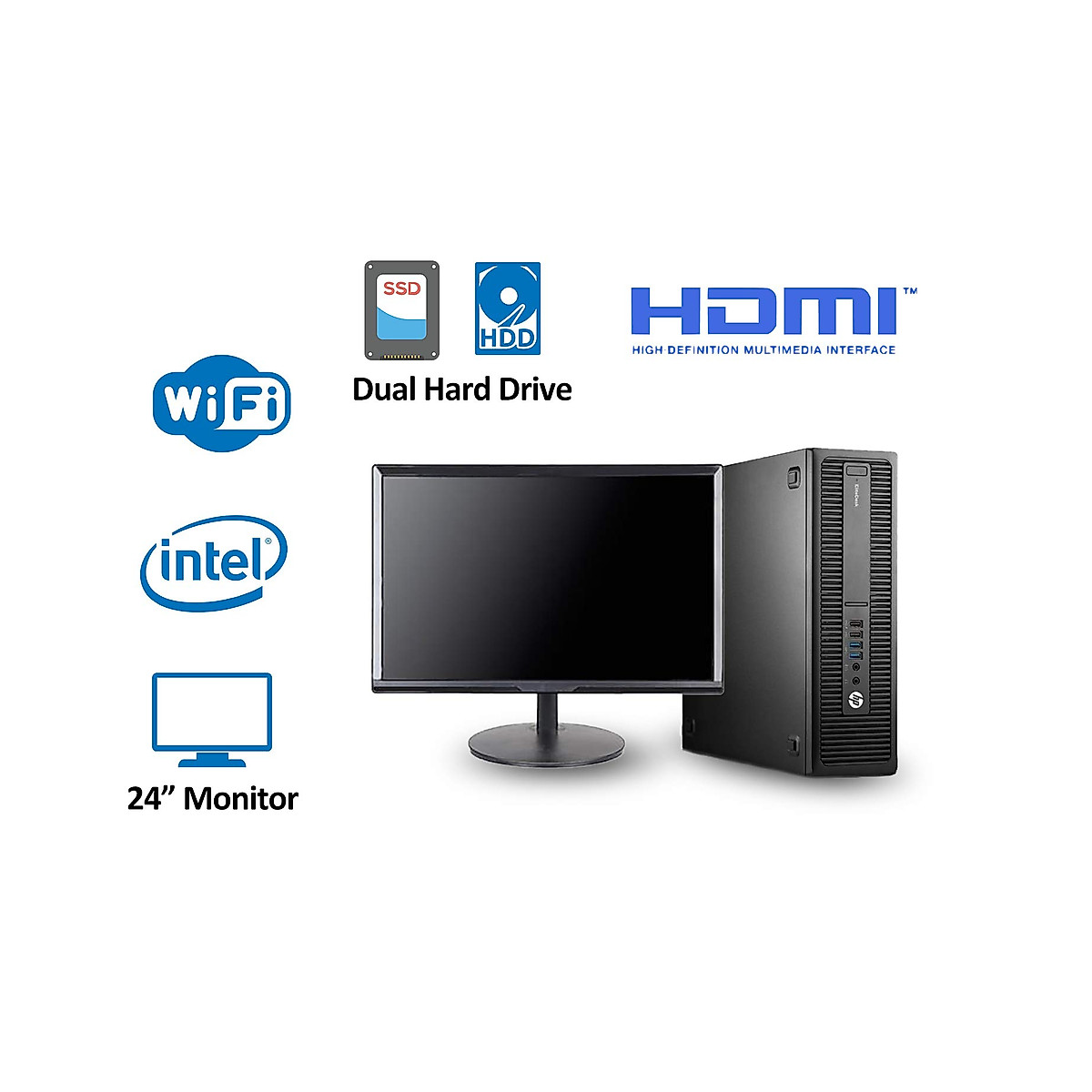 HP EliteDesk 800 G2 SFF Desktop Computer 24 Inch FHD Monitor Dual Hard Drive PC(Intel i5-6500 Up to 3.6GHz, 8GB RAM, 128GB SSD + 1TB HDD, WiFi, HDMI, Windows 10 Professional) (Renewed)