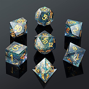 Dungeons and Dragons Dice Set,DNDND Handmade Sharp Edge 7 Die with Gift Dice Case for DND Dungeons and Dragon Game (Dark Cyan with Gold Number)