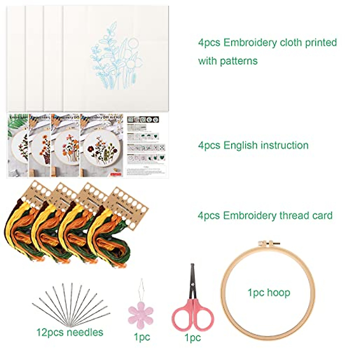 ojindiy 4 Sets Embroidery Kit Starter with Pattern and Instructions, DIY Beginner Starter Cross Stitch Kit Include 1 Embroidery Hoop, Needlework for Adults (Flower-Happy time)
