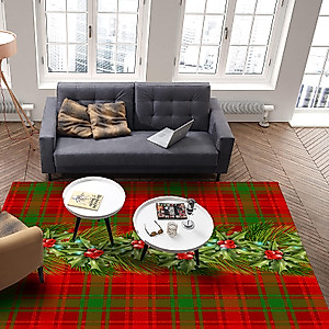 Savannan Area Rugs, Christmas Poinsettia Pine Branches Plant Red Green Plaid Tartan Rectangle Floor Rugs Indoor Non-Slip Accent Rug for Living Room Bedroom Office Kids Room Nursery, 2'x3'