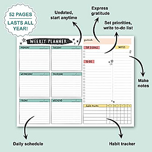 Weekly Planner Notepad - 52 Tear-Off Sheets, 8.5 x 11” Notepad Goal Tracker Organizer with Space for Daily Schedule, To Do List, Notes, and Habit Tracker