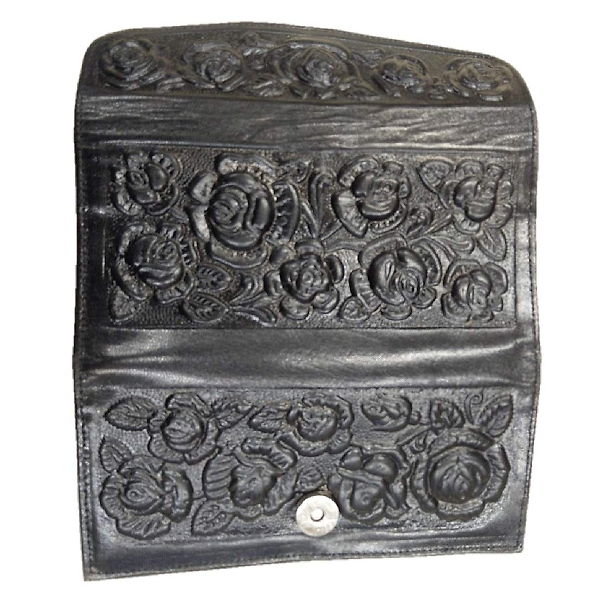 Sharpshooter Ladies Tooled Leather Western Blossoming Roses Trifold Wallet (BLACK)