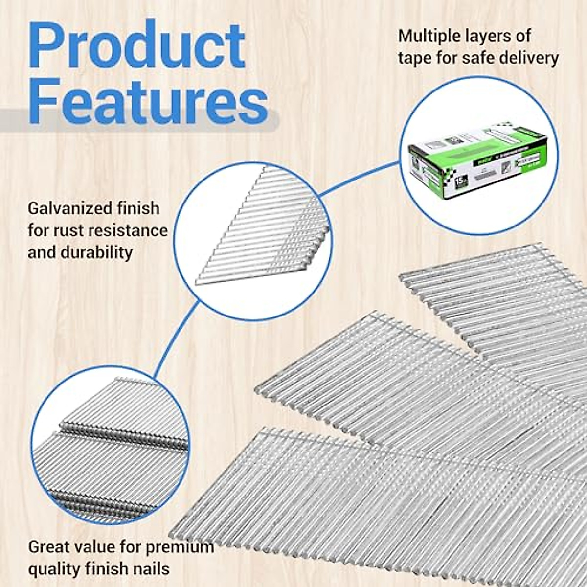 meite 15 Gauge Angled Finish Nails, 1-1/4-Inch 34 Degree DA Series Galvanized Finishing Nails for Nailer Guns - Perfect for Window Trim, Cabinet Building and Other DIY Projects (2,000 Counts)