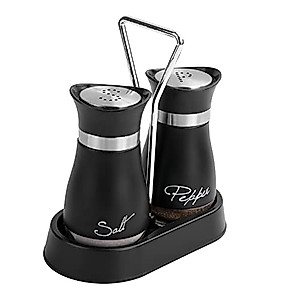Wartter 2 PCS - Stainless Steel and Glass Salt and Pepper Shaker Sets with Holder (BLACK)