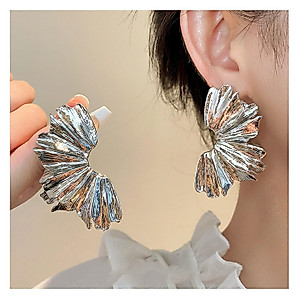 Large Geometric Dangle Earrings for Women Bohemian Ginkgo Leaf Dangling Earrings Exaggerated Metal Sectored Geometric Earrings for Women (silver)