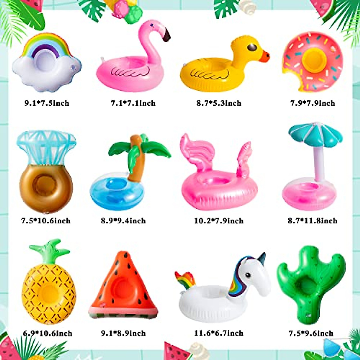 BUoonyer 12Pcs Inflatable Drink Holder Pool Floaties, Girl Doll Swimming Pool Float Accessories Set, Summer Flamingos Duck Donut Pineapple Cactus Ring Water Cup Coasters Supplies for Swim Beach Party