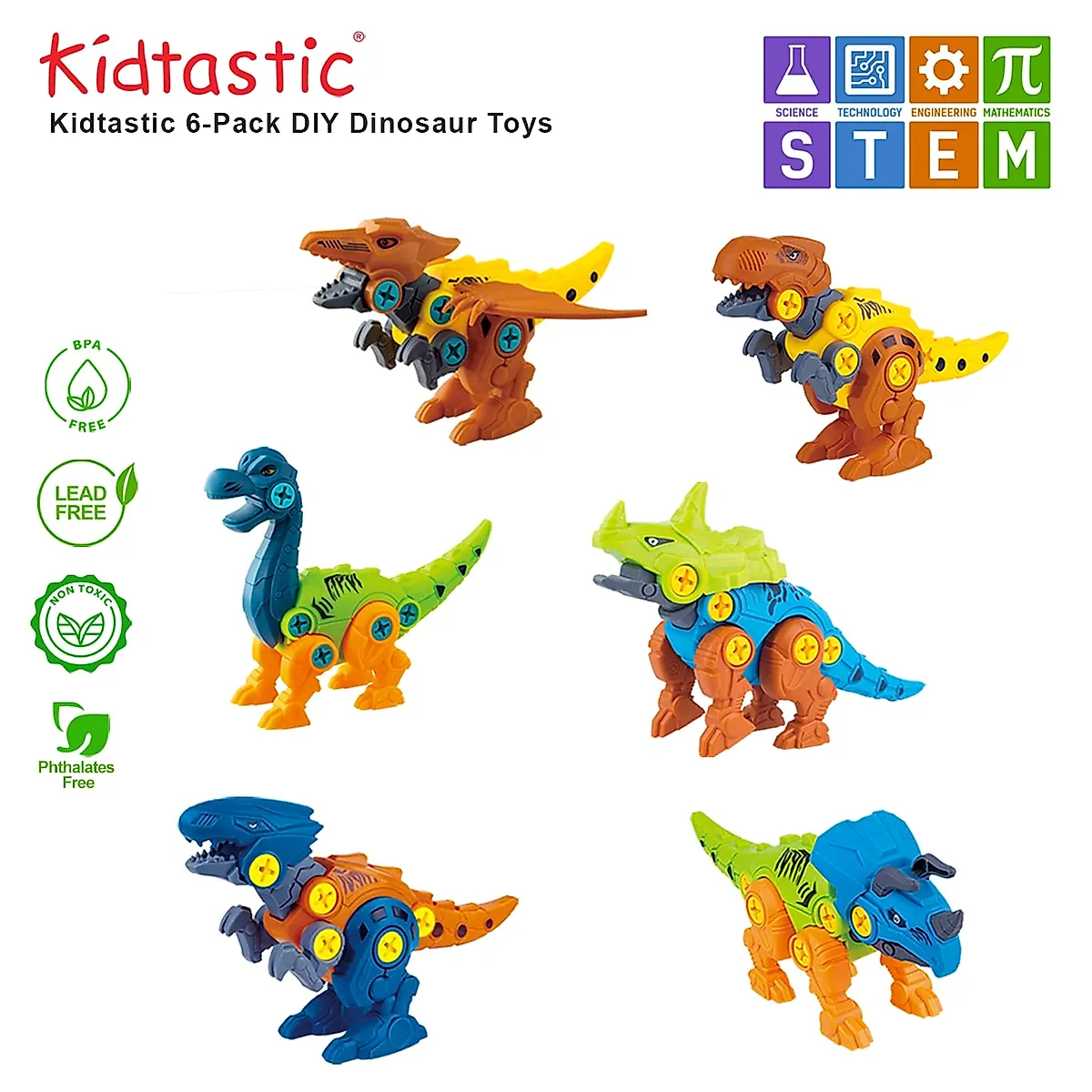 Kidtastic 6 Pack DIY Dinosaur Toys for kids 3-6, STEM Learning Dinosaurs PlaySet for Toddlers, Sensory Learning Play for Autism, Fun Outdoor Educational Gift