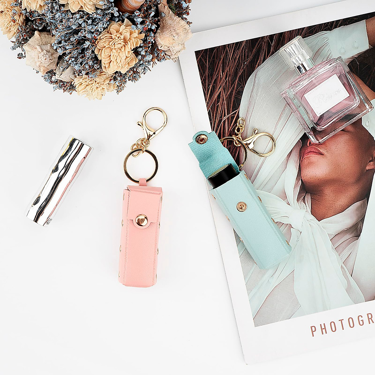 Adorila 2 Pack Lipstick Case Keychain, Soft Leather Chapstick Holder for Women, Potable Clip-on Sleeve Lipstick Pouch (Green & Pink)