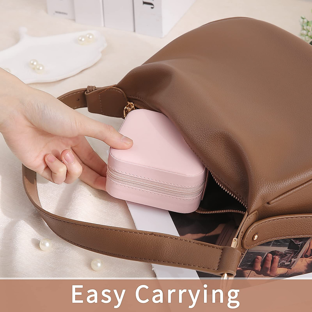 misaya Travel Jewelry Organizer Box 2 Pcs, Small Travel Jewelry Storage Case with Mirror, Mini PU Leather Jewelry Holder Boxes for Earrings, Rings, Necklaces, Gift for Women, Girls, Mother, Pink