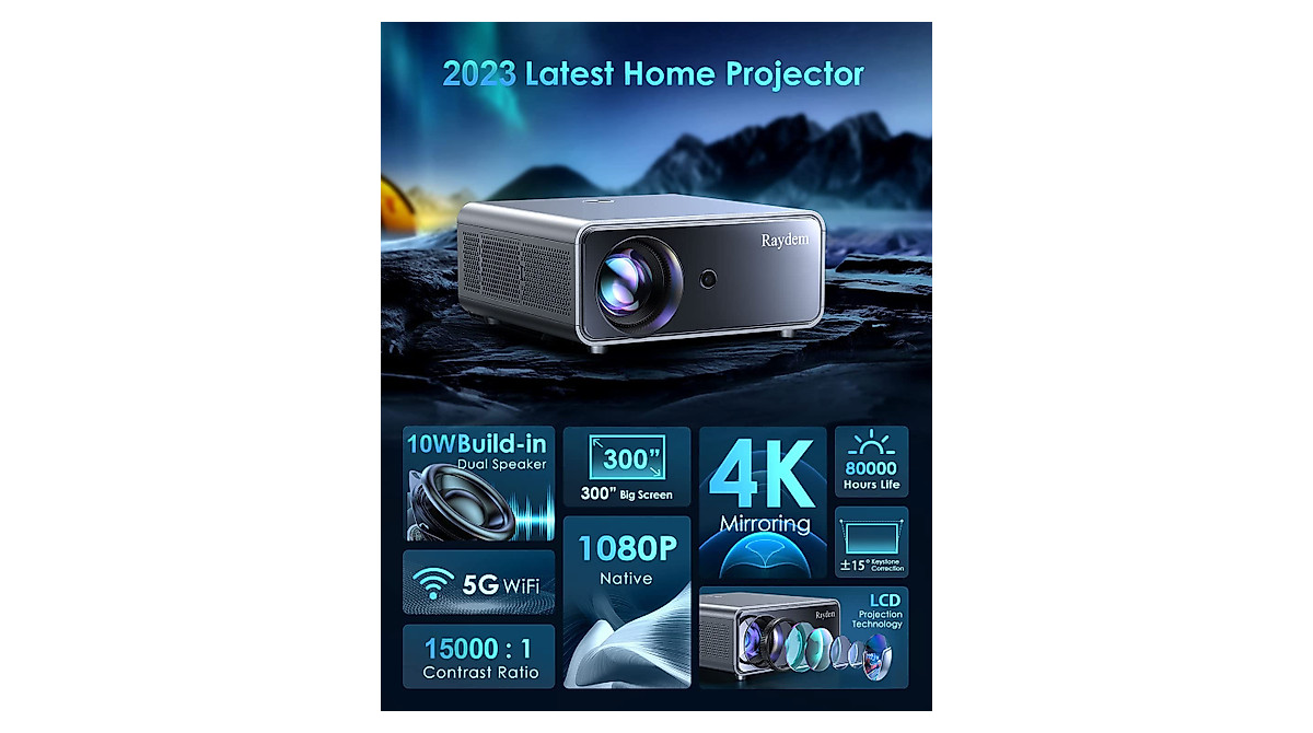 Raydem Portable Projector with 5GHz Wi-Fi & Bluetooth | 1080P, 350 ANSI