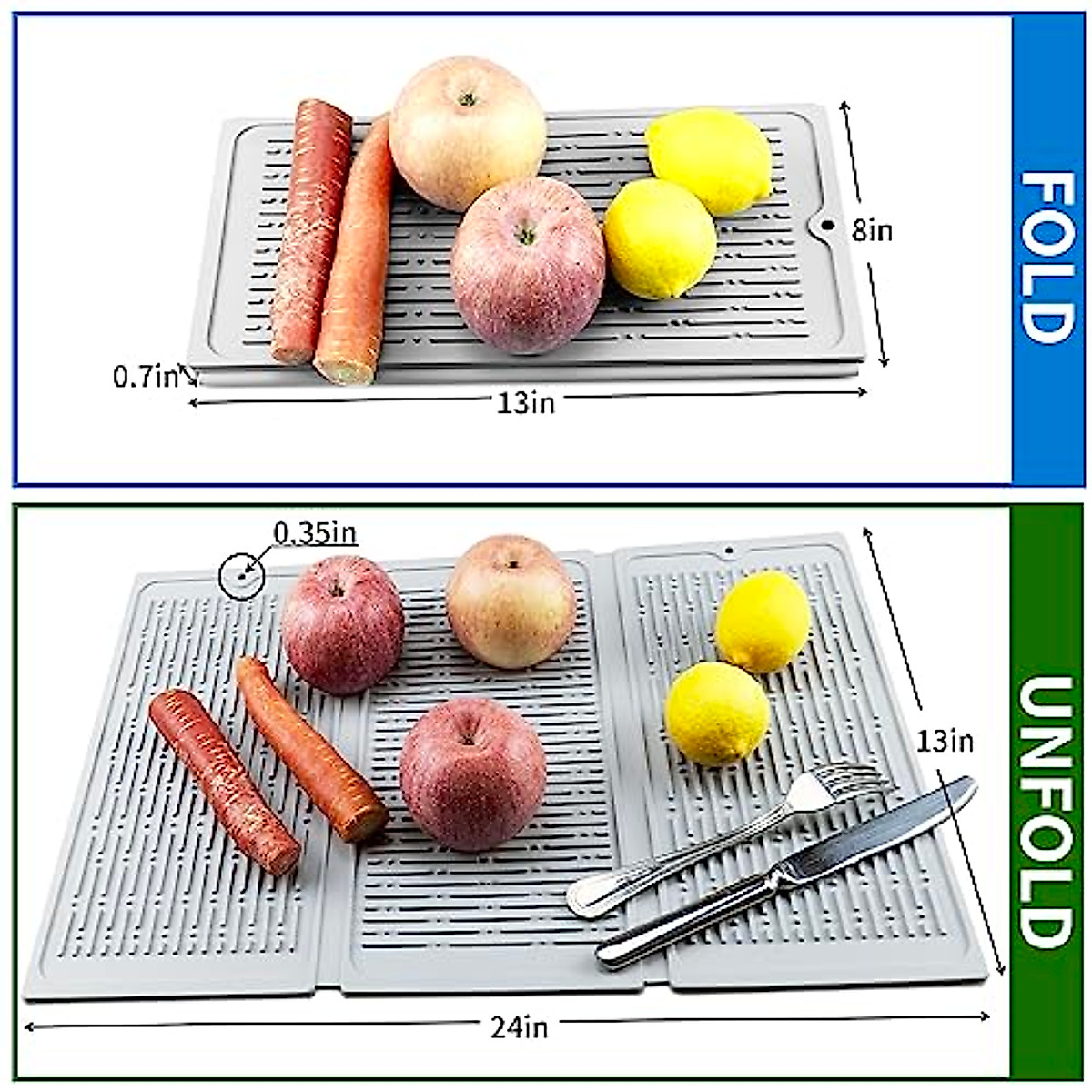 Zoiwdur Dish Drying Mat for Kitchen Counter, Collapsible Dish Drying Pad, Heat-Resistant Silicone Dish Drainer Mat with Non-Slip Backed, for Sink, Drawer Liner(24 x 13 Inches)